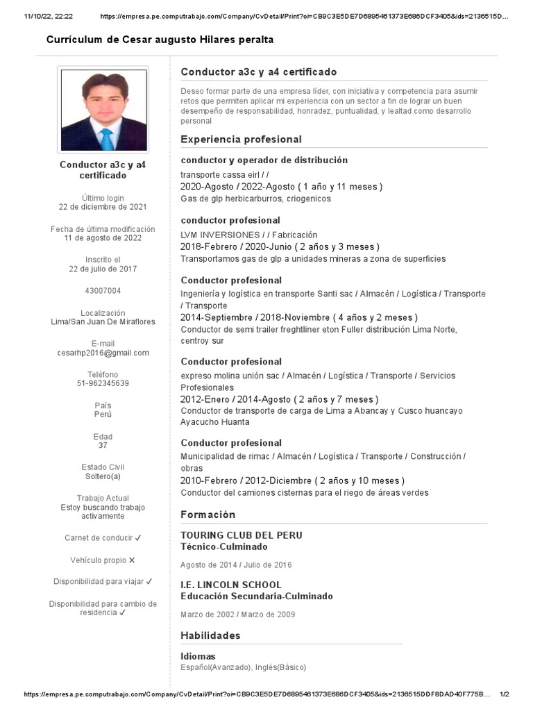 CV Conductor Lima | PDF | Lima | Transporte