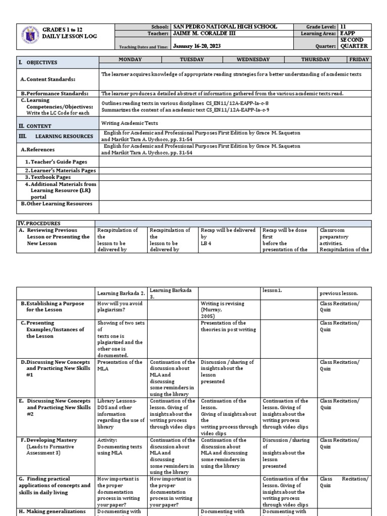 San Pedro National High School EAPP Lesson on Reading Strategies | PDF ...
