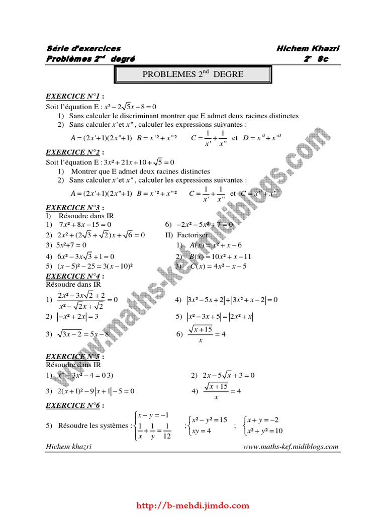 Exercices corrigés de mathématiques 2nd degré | PDF | Mathématiques ...