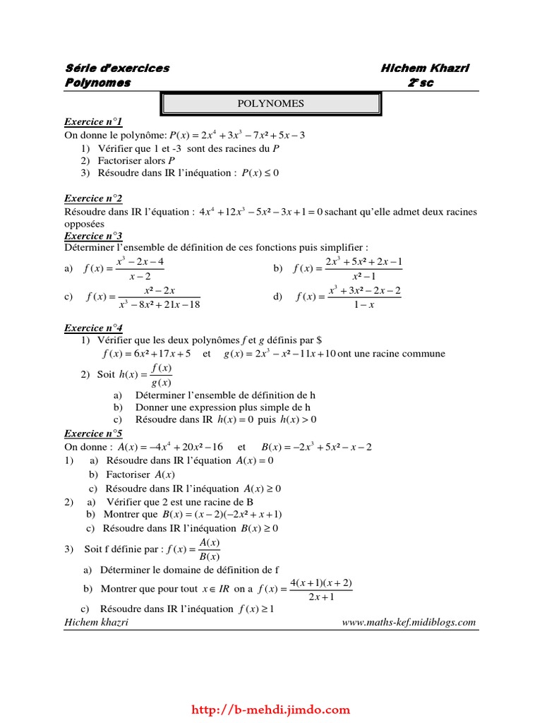 Serie D'exercices - Math - Polynomes - 2ème Sciences | PDF