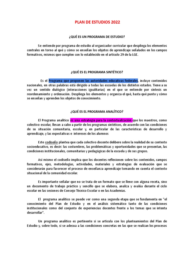 Resumen Plan de Estudios 2022 | PDF | Plan de estudios | Método de enseñanza