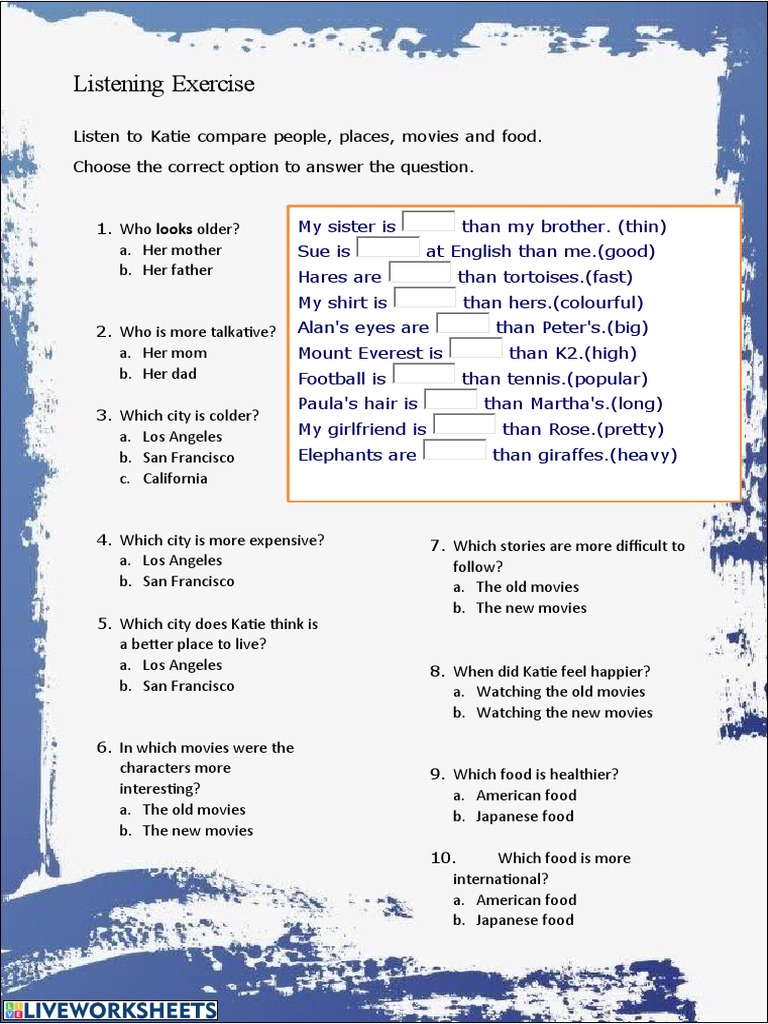 Comparing People, Places, Movies and Food: Listening Exercise ...