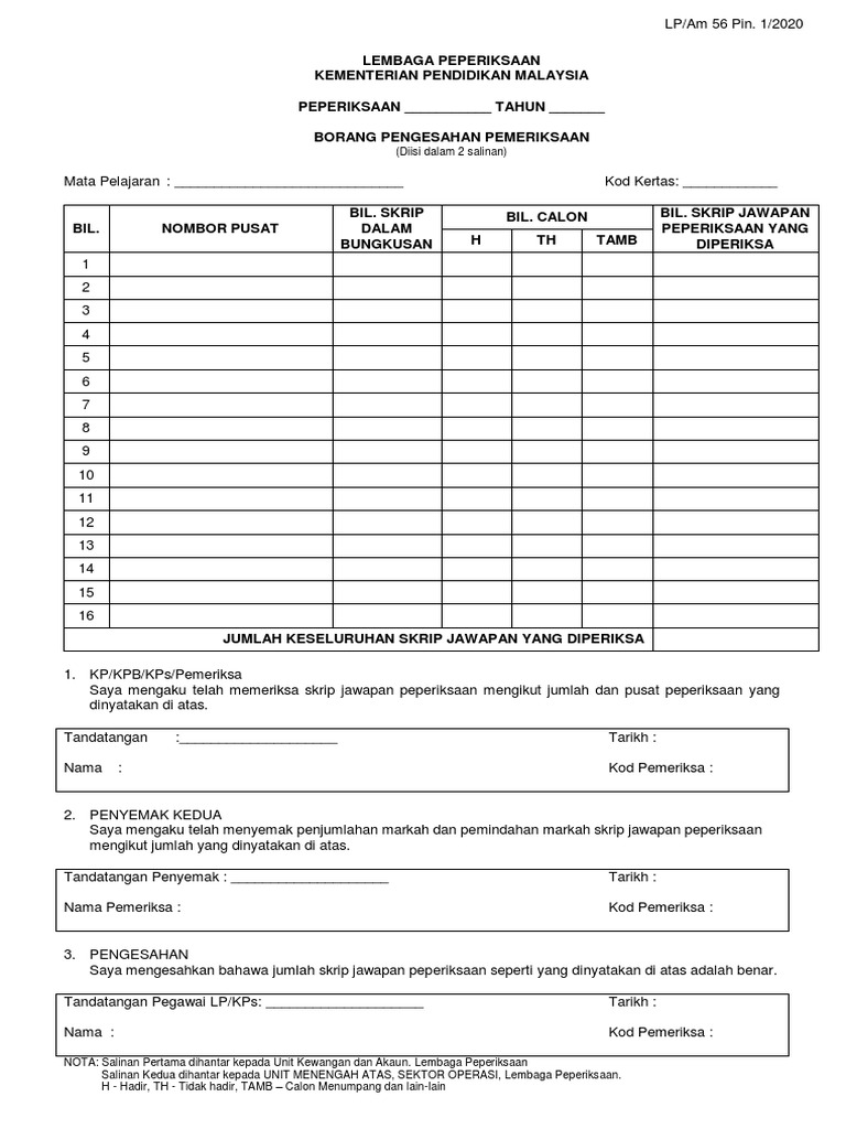 LP - Am56 Pin. 1 2020 - BORANG PENGESAHAN PEMERIKSAAN | PDF
