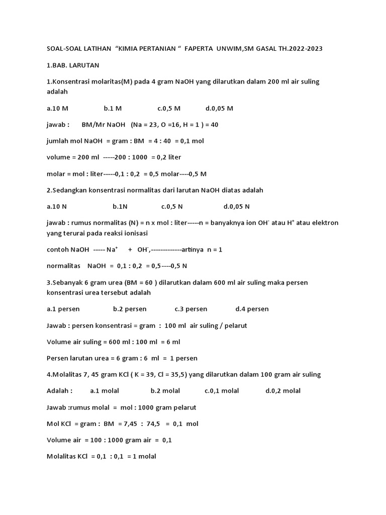 Soal Latihan Uas Kimia Pertanian, TH 2022-2023 | PDF