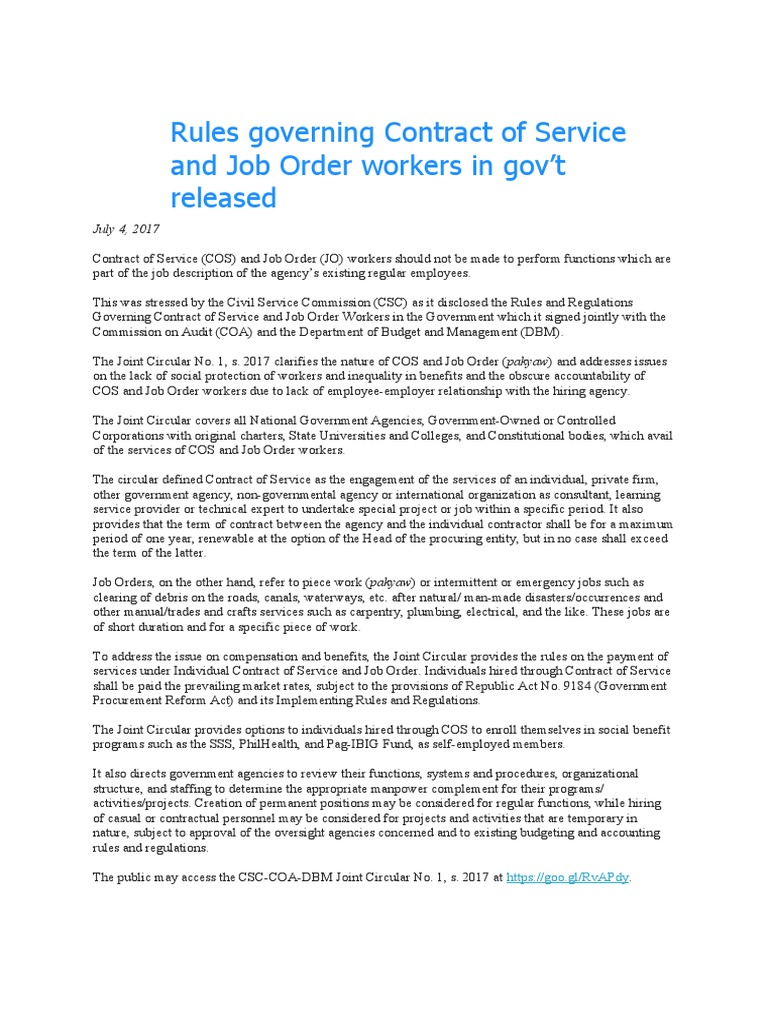 Rules Governing Contract of Service and Job Order Workers in Gov't ...