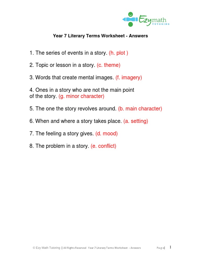 Year 7 Literary Terms Worksheet Answers | PDF