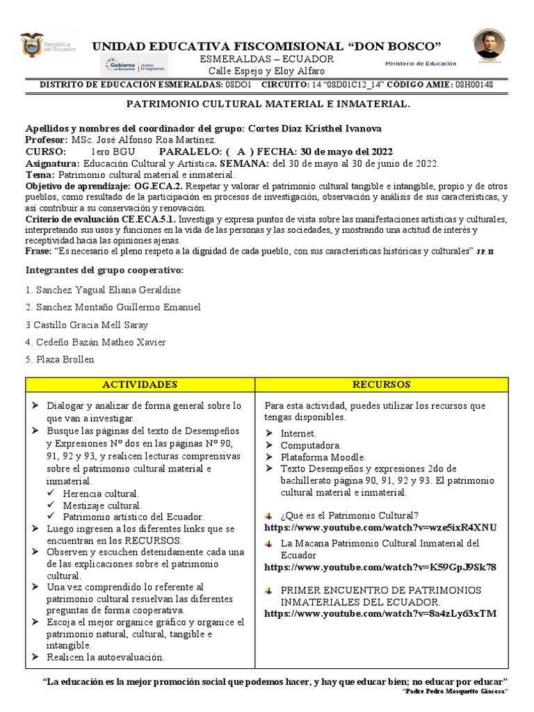 Patrimonio Cultural Material e Inmaterial | PDF | Patrimonio cultural | Ecuador