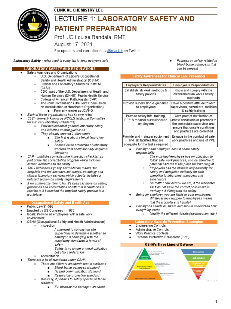 CCLec P1 - Laboratory Safety and Patient Preparation | PDF | Laboratories | Occupational Safety ...