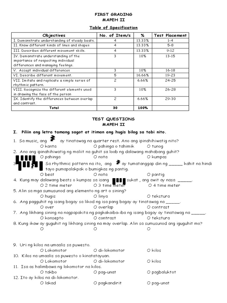 Quarterly Test MAPEH2 | PDF