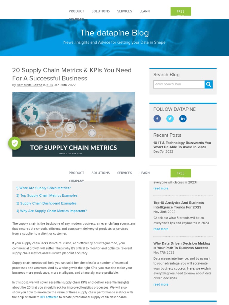 The Top 20 Supply Chain Metrics & KPIs For Your Dashboards | PDF ...