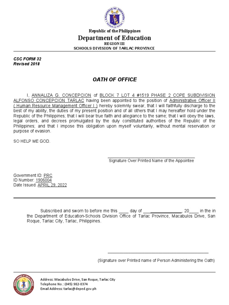 Oath of Office Ceremony for Annaliza G. Concepcion as Administrative Officer II of the Schools ...