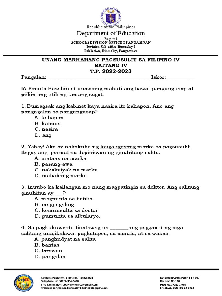 Unang Markahang Pagsusulit Sa Filipino 4 | PDF