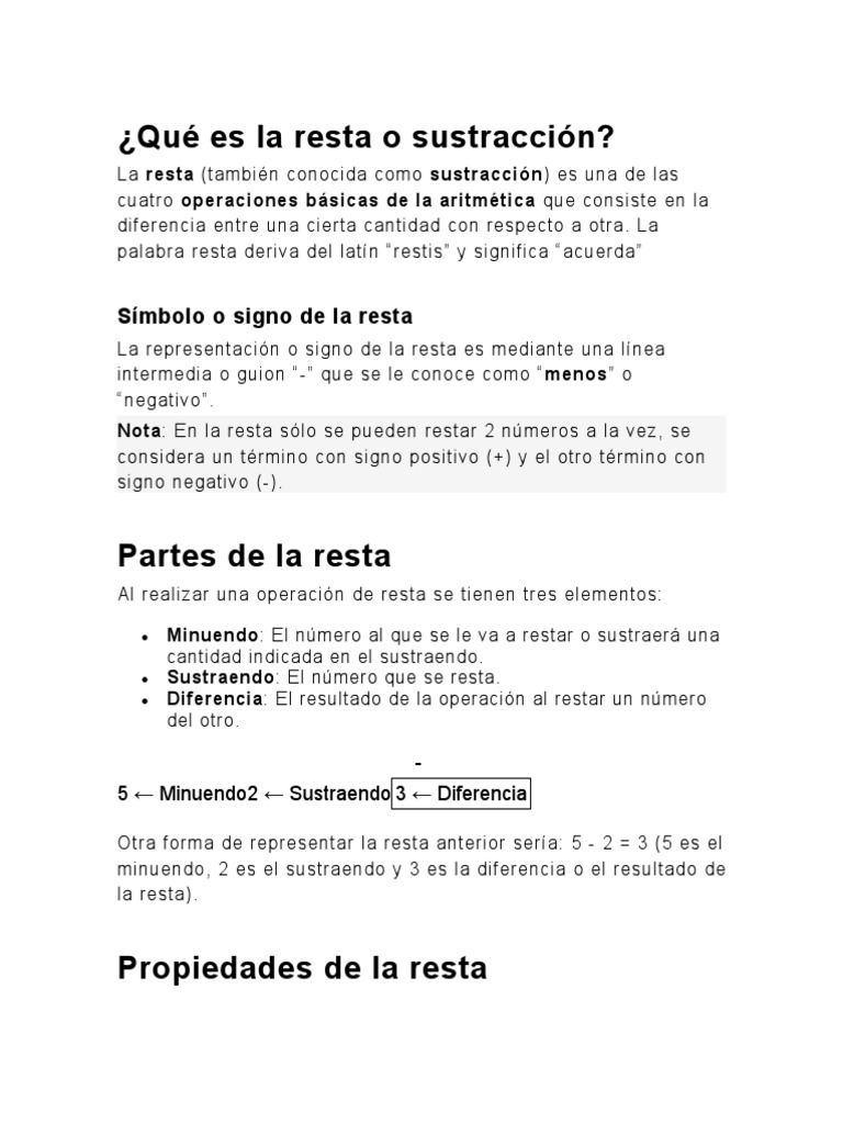Qué es la resta o sustracción | PDF | Sustracción | Matemáticas