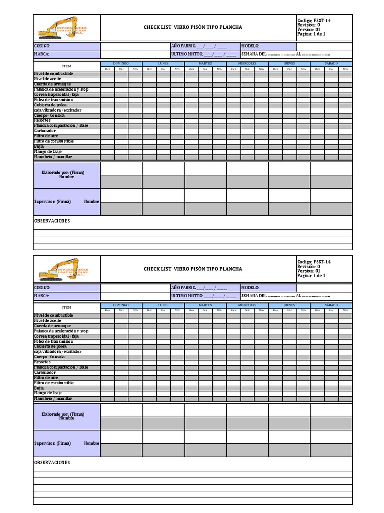 FSST-14 Check List VIBROPISON Plancha Compactadora | PDF | Vehículo de motor | Motores