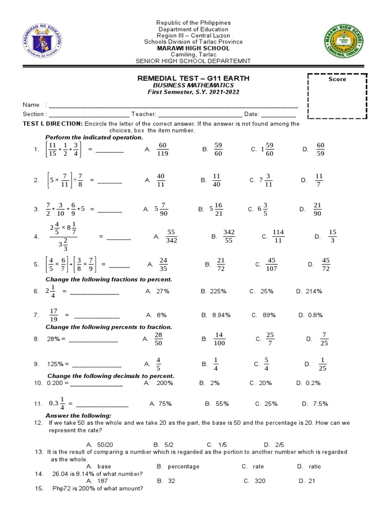 First Quarter Exam - BUSINESS MATH 2021-2022 | PDF | Salary | Percentage