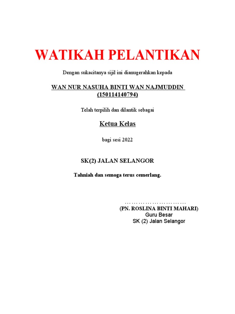 Sijil Ketua Kelas | PDF