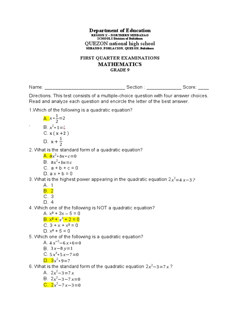 Math Grade 9 | PDF | Quadratic Equation | Mathematical Analysis