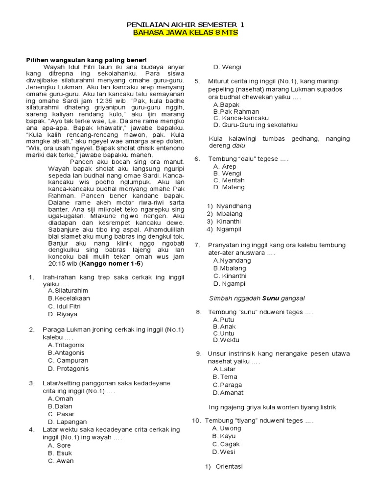 Soal Pas Bhs. Jawa Kelas 8 - Kamimadrasah | PDF