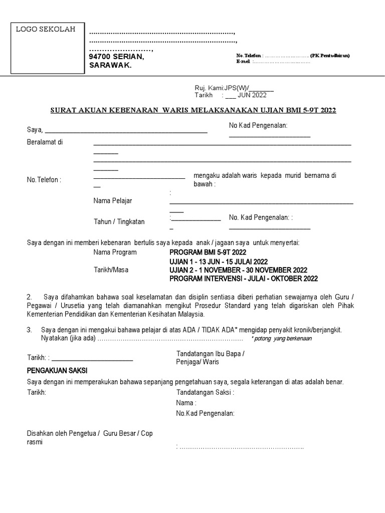 Surat 1 - Mohon Kebenaran MELAKSANAKAN UJIAN BMI Peringkat Sekolah | PDF