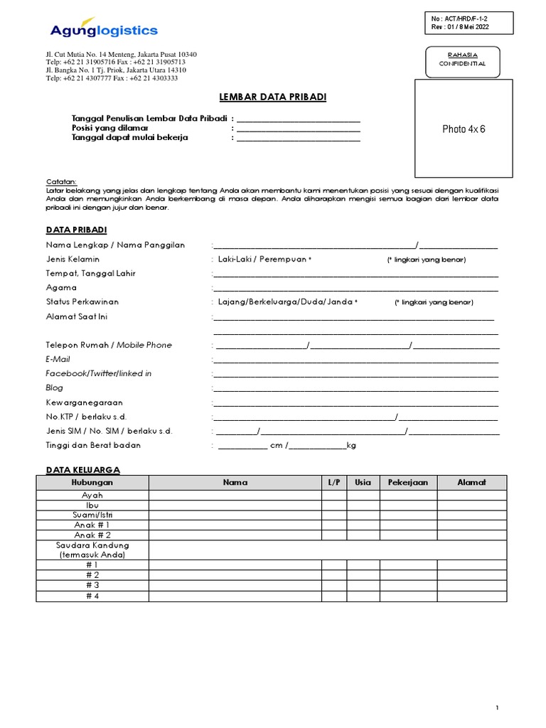 HRD - F-1-2 Personal Data Form Rev 1 (211022) | PDF | Karier & Perkembangan