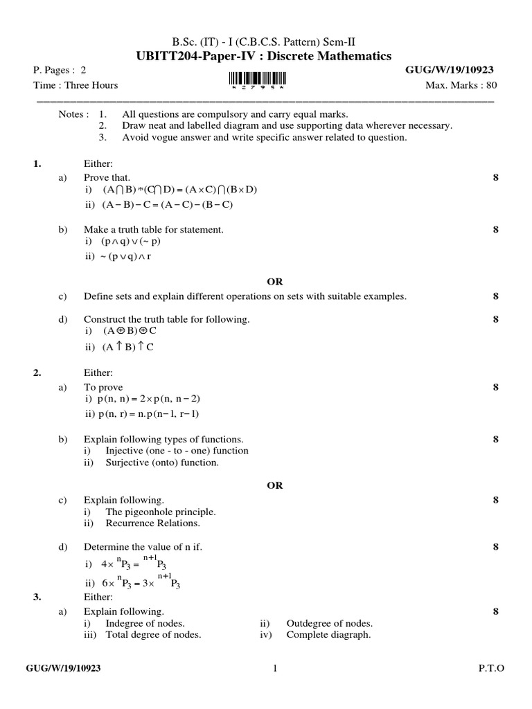 Year - B.Sc. (IT) - I (C.B.C.S. Pattern) Sem-II Subject - UBITT204-Paper-IV - Discrete ...