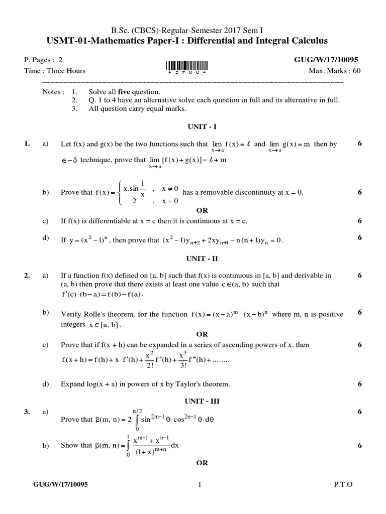 Year - B.Sc. (CBCS) - Regular-Semester 2017 Sem I Subject - USMT-01-Mathematics Paper-I ...