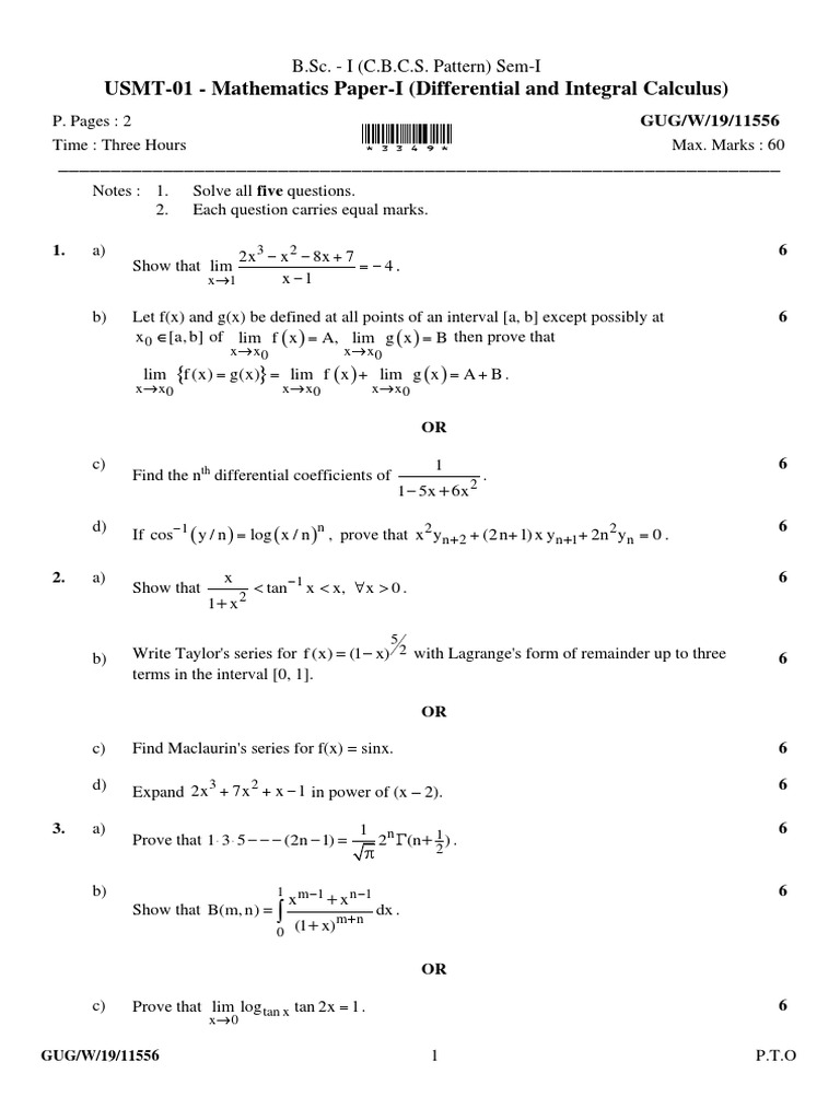 Year - B.sc. - I (C.B.C.S. Pattern) Sem-I Subject - USMT-01 - Mathematics Paper-I (Differential ...