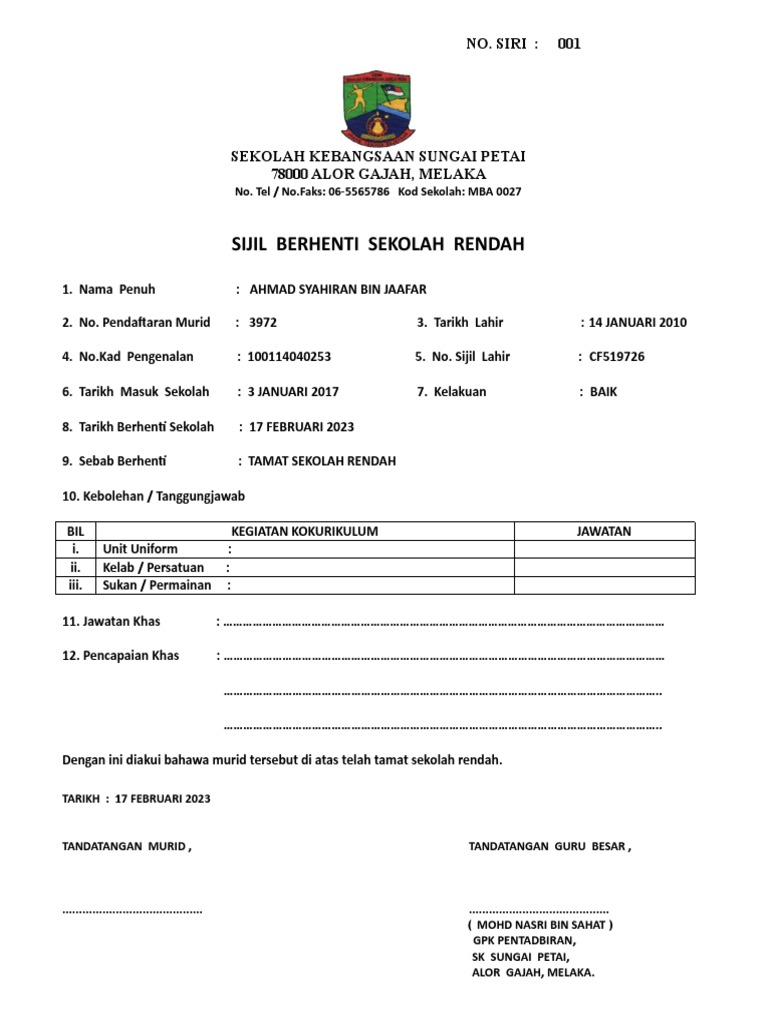 Contoh Sijil THN 6 2019 - Berhenti Sekolah | PDF