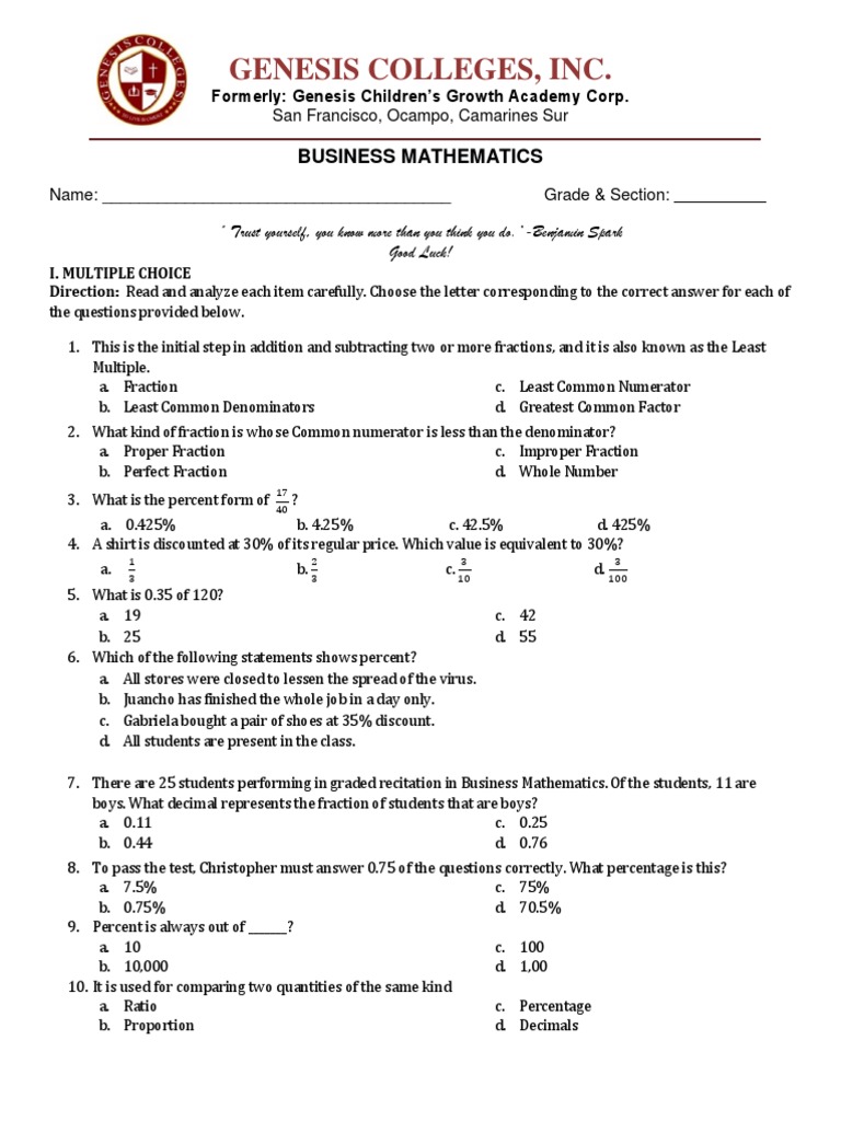 Business Math Test Questions | PDF | Salary | Employee Benefits