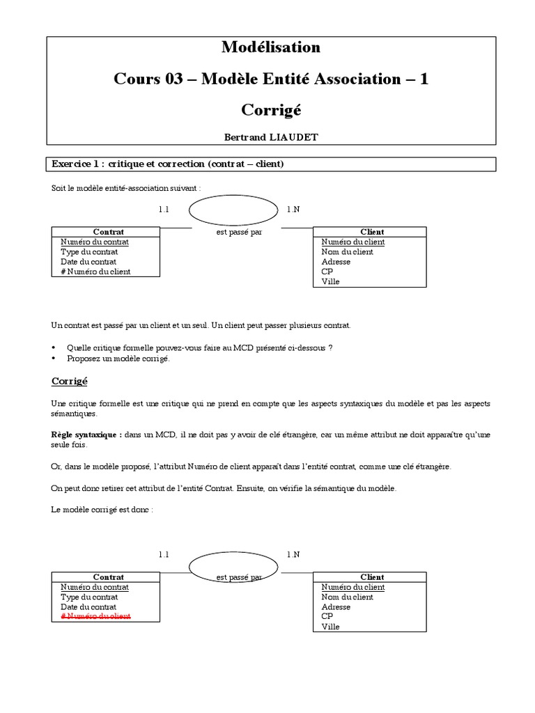 Modélisation Cours 03 - Modèle Entité Association - 1 Corrigé | PDF