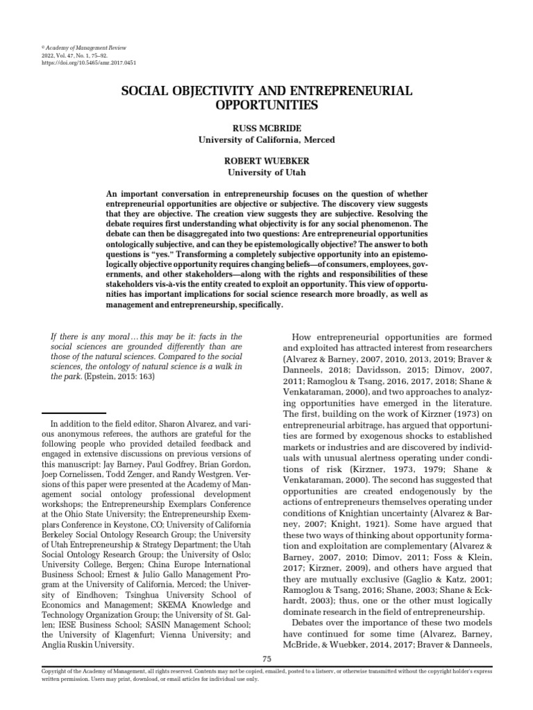 McBride-Wuebker Social Objectivity & Entrepreneurial Opportunities ...