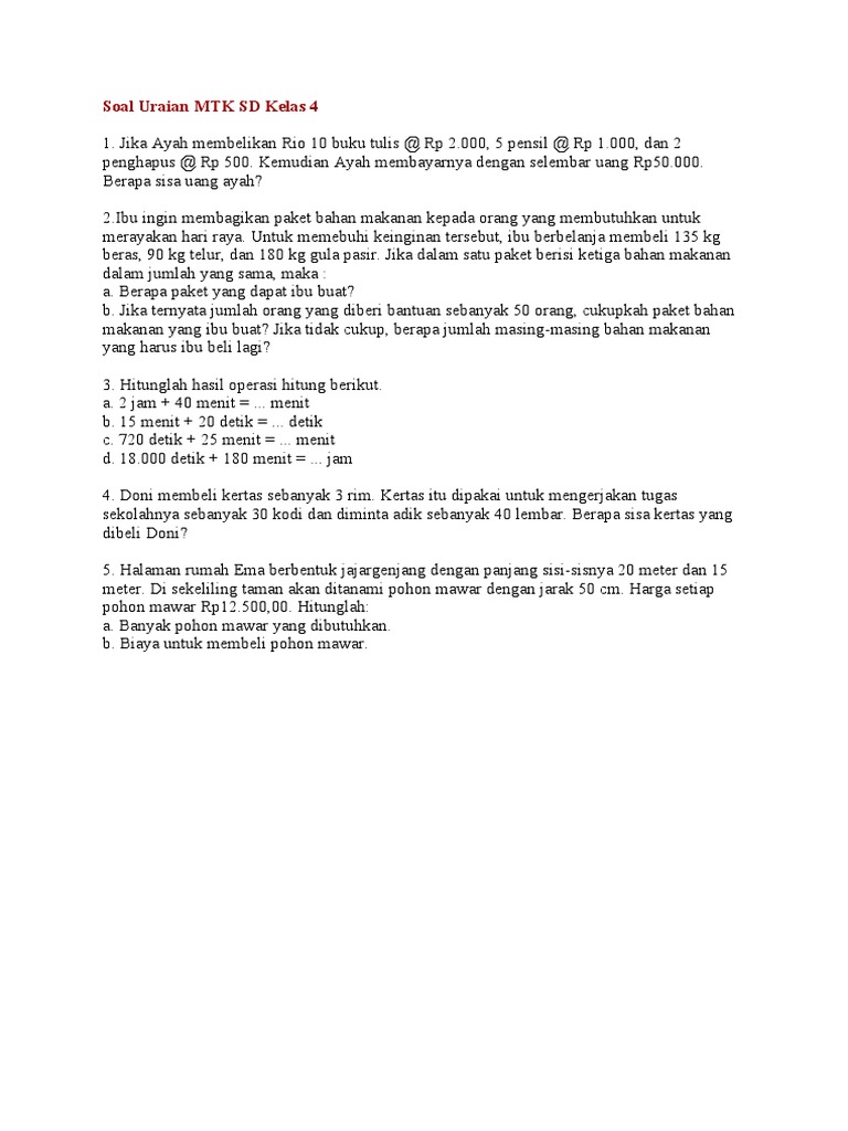 LES Soal Uraian MTK SD Kelas 4 | PDF