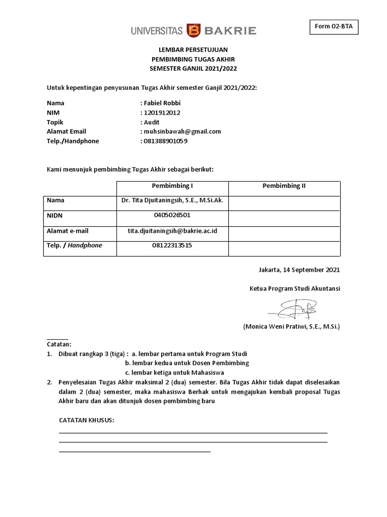 Formulir BTA-2 Fabiel Robbi | PDF