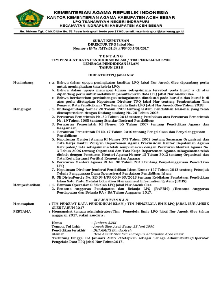 Contoh SK Operator SK EMIS TPQ | PDF