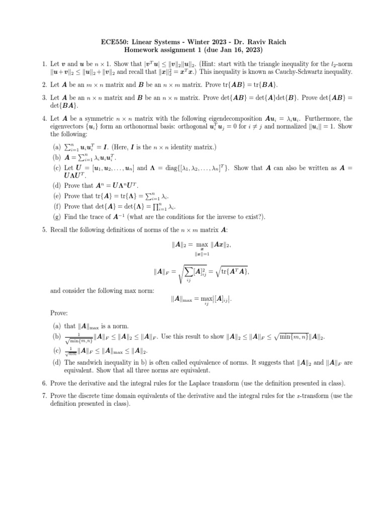 Ece550 W2023 HW1 | PDF | Matrix (Mathematics) | Mathematical Relations