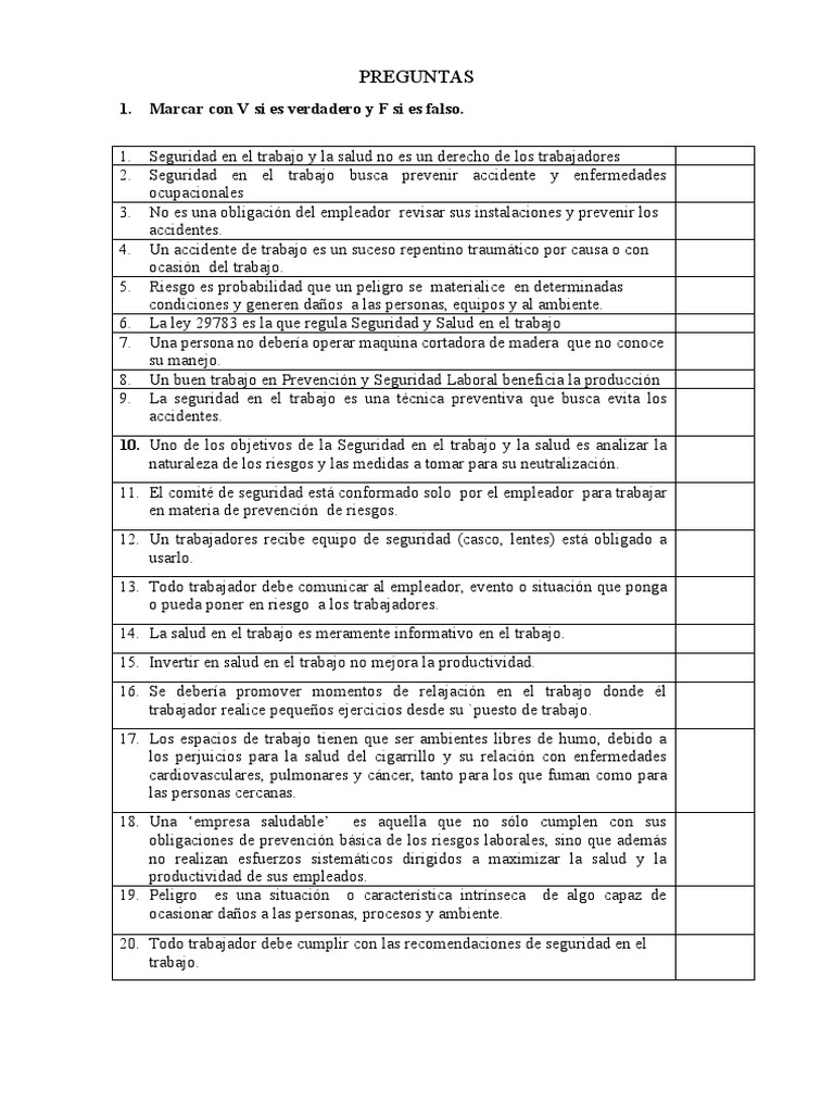 Evaluacion y Respuestas Seguridad y Salud en El Trabajo | Descargar gratis PDF | Seguridad y ...
