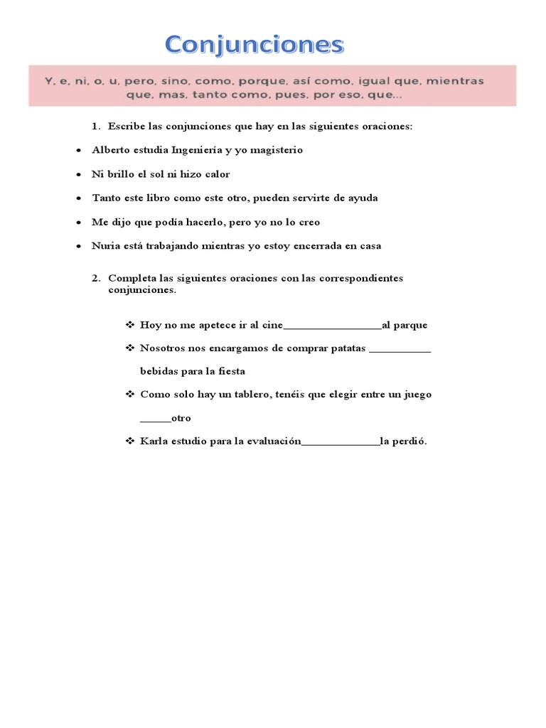 Ejercicios de Conjunciones en Oraciones | PDF