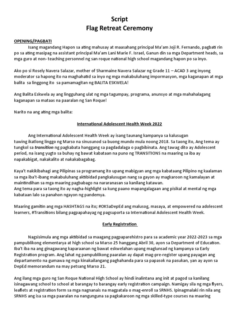 Flag Retreat Ceremony Script 11 ACAD 3 | PDF