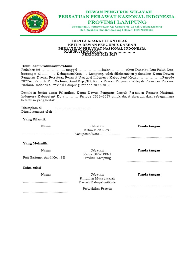 Contoh BERITA ACARA PELANTIKAN KETUA DPD PPNI KAB - KOTA TERPILIH | PDF