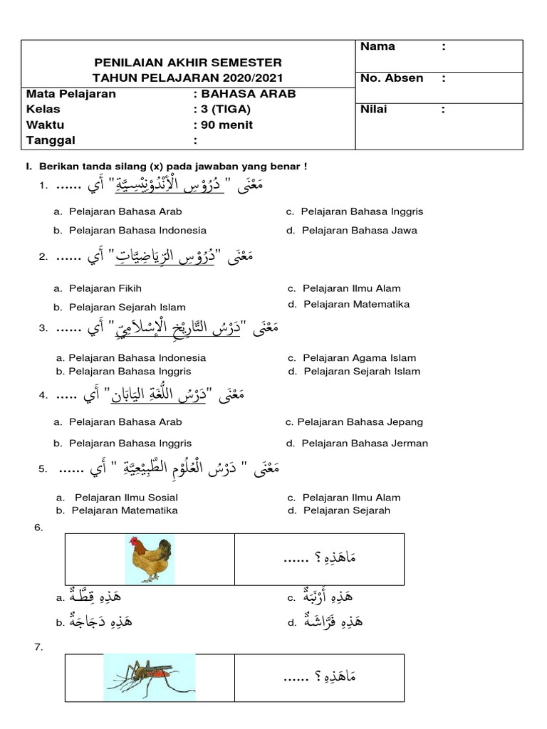 Soal Bahasa Arab Kelas 3 Semester Akhir | PDF