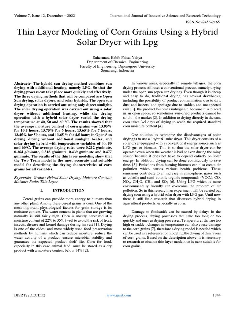 Thin Layer Modeling of Corn Grains Using A Hybrid Solar Dryer With LPG ...