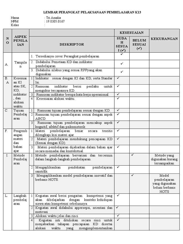 Lembar Penilaian Perangkat Dan Praktik - Tri Amalia Oleh Putri Febiyani ...