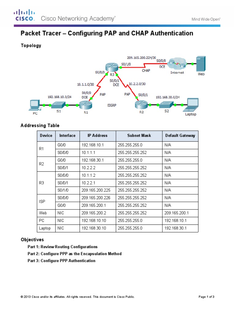 Lab 3.2a - Configuring PAP and CHAP Authentication - 2.3.2.6 | PDF | Router (Computing) | Routing