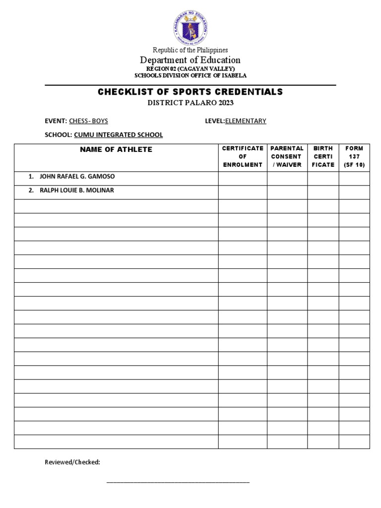CHECKLIST OF SPORTS CREDENTIALS - District Palaro | PDF