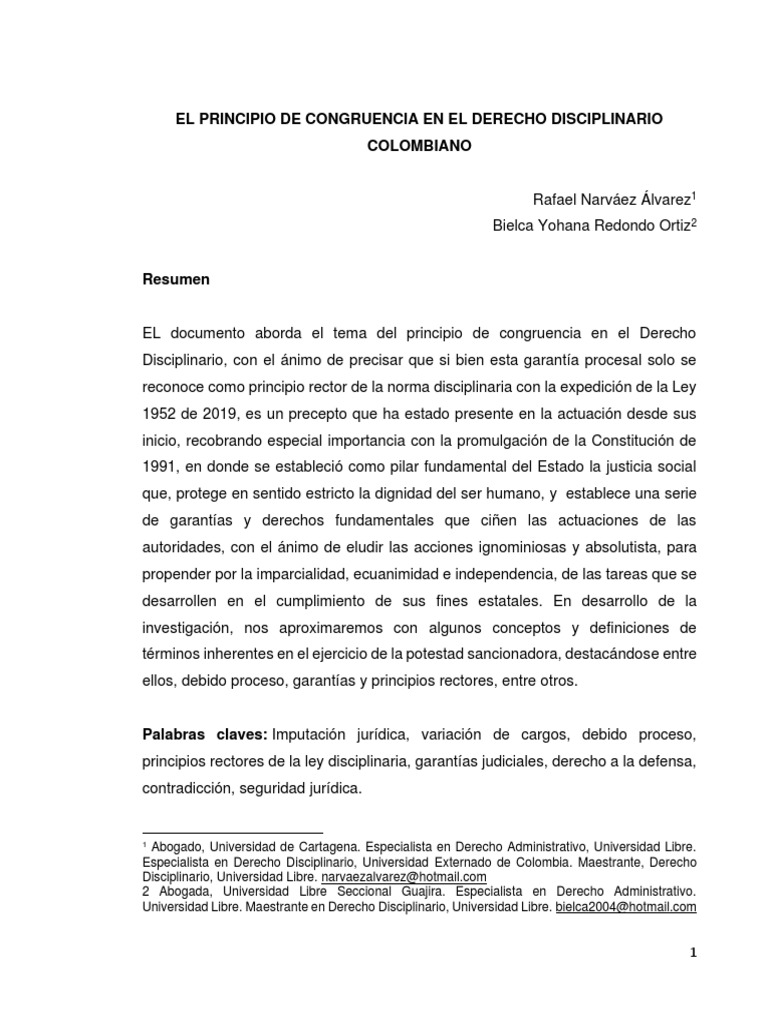 El Principio de Congruencia en El Derecho Disciplinario Colombiano ... El Principio de Congruencia en El Derecho Disciplinario Colombiano ...