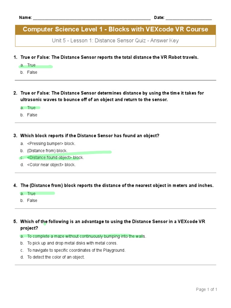 Unit 5 - Lesson 1 - Distance Sensor Quiz | PDF | Technology & Engineering