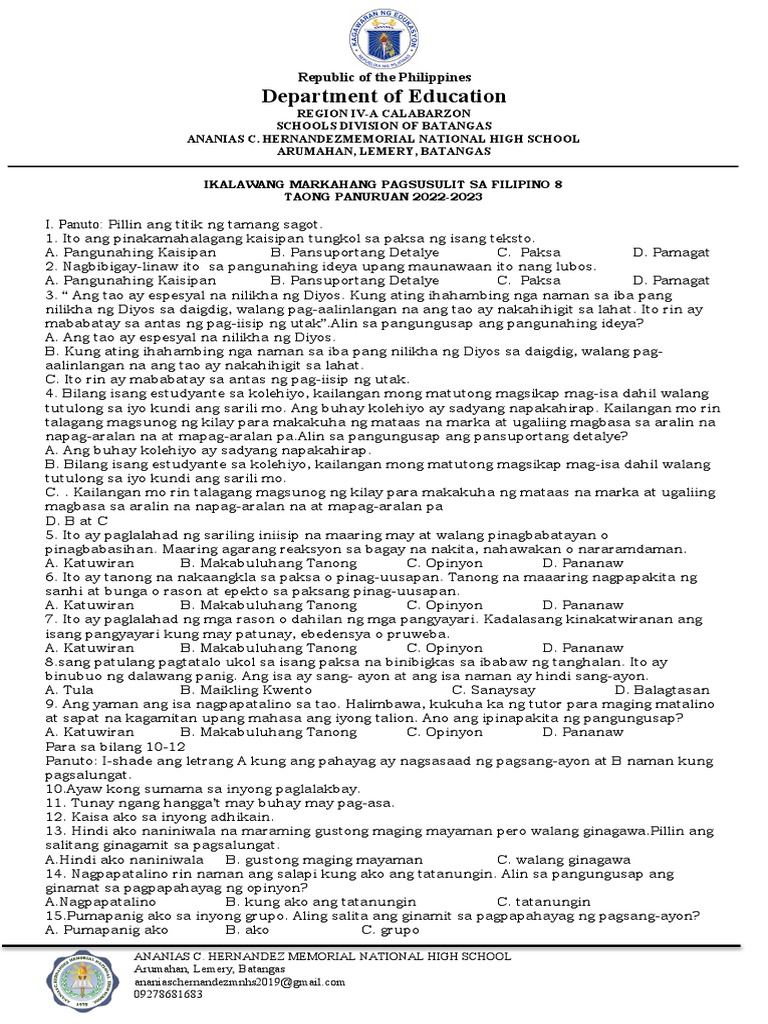 Ikalawang Markahang Pagsusulit Fil 7 | PDF