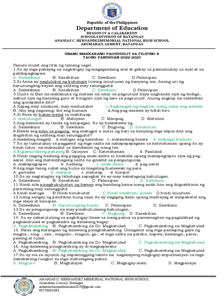 Periodical Test Filipino G8 Q1 | PDF