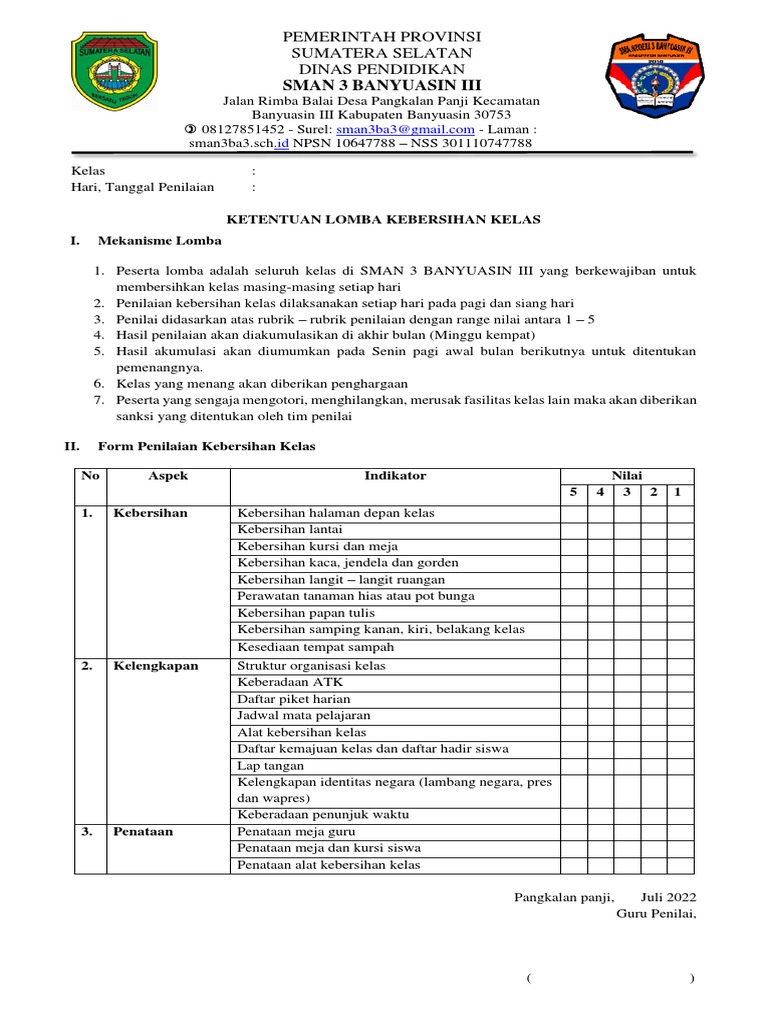 Form Penilaian Kebersihan Kelas | PDF