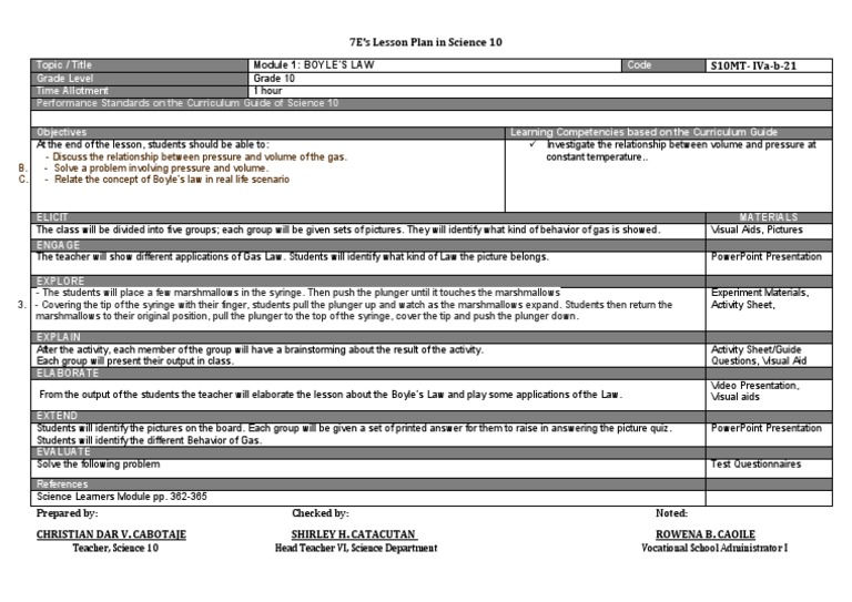 An In-Depth Lesson Plan on Boyle's Law Using the 7E Instructional Model ...